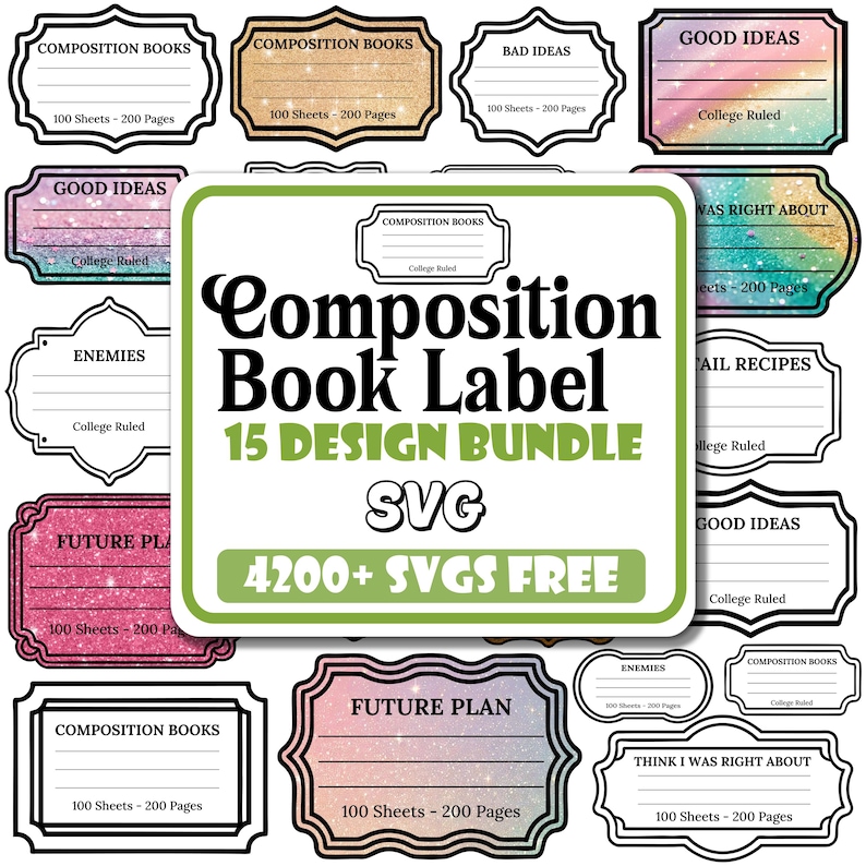 Composition Book Label SVG Bundle | School Notebook Labels (digital ...