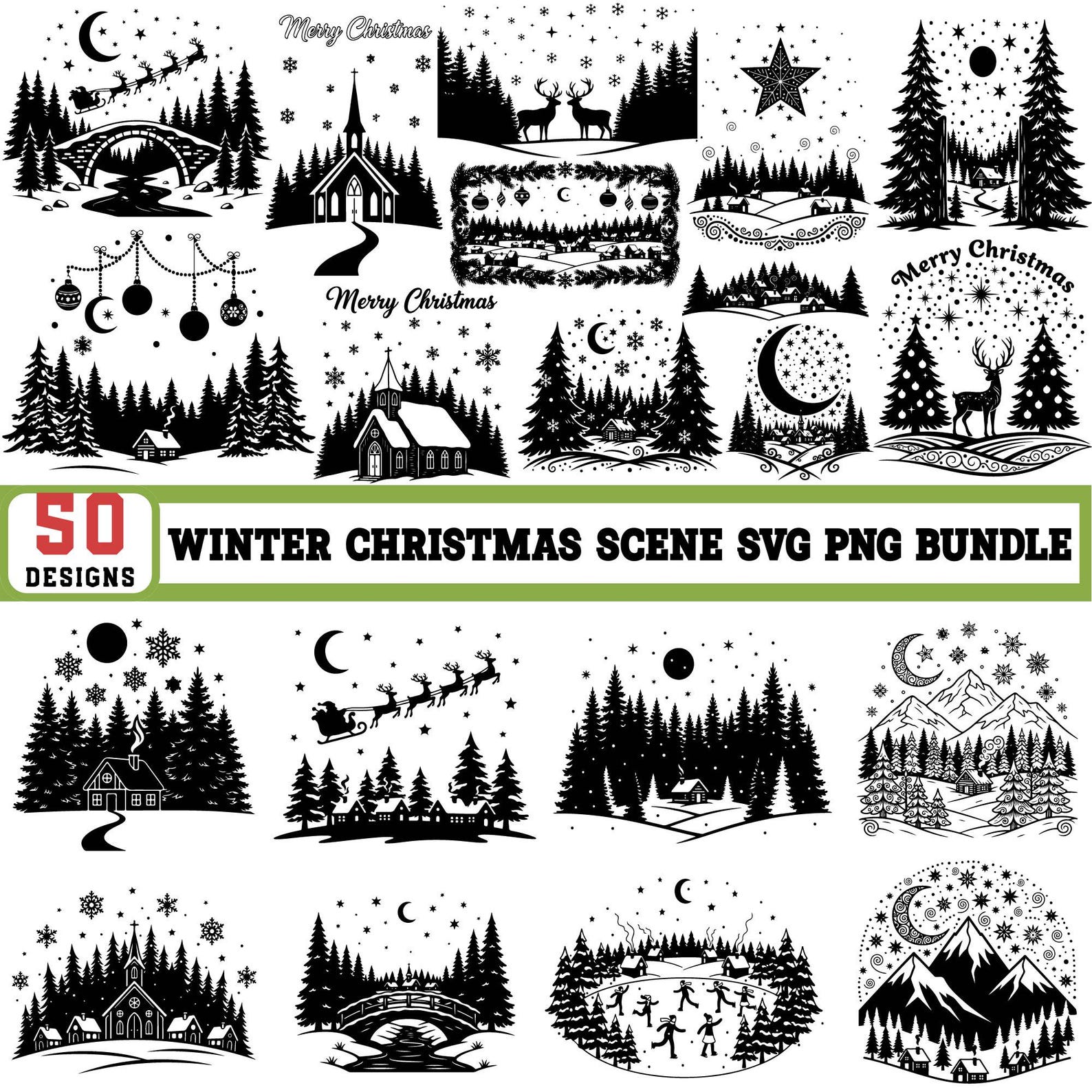 Winter Christmas Scene SVG Bundle | Holiday Pine Tree Silhouettes ...