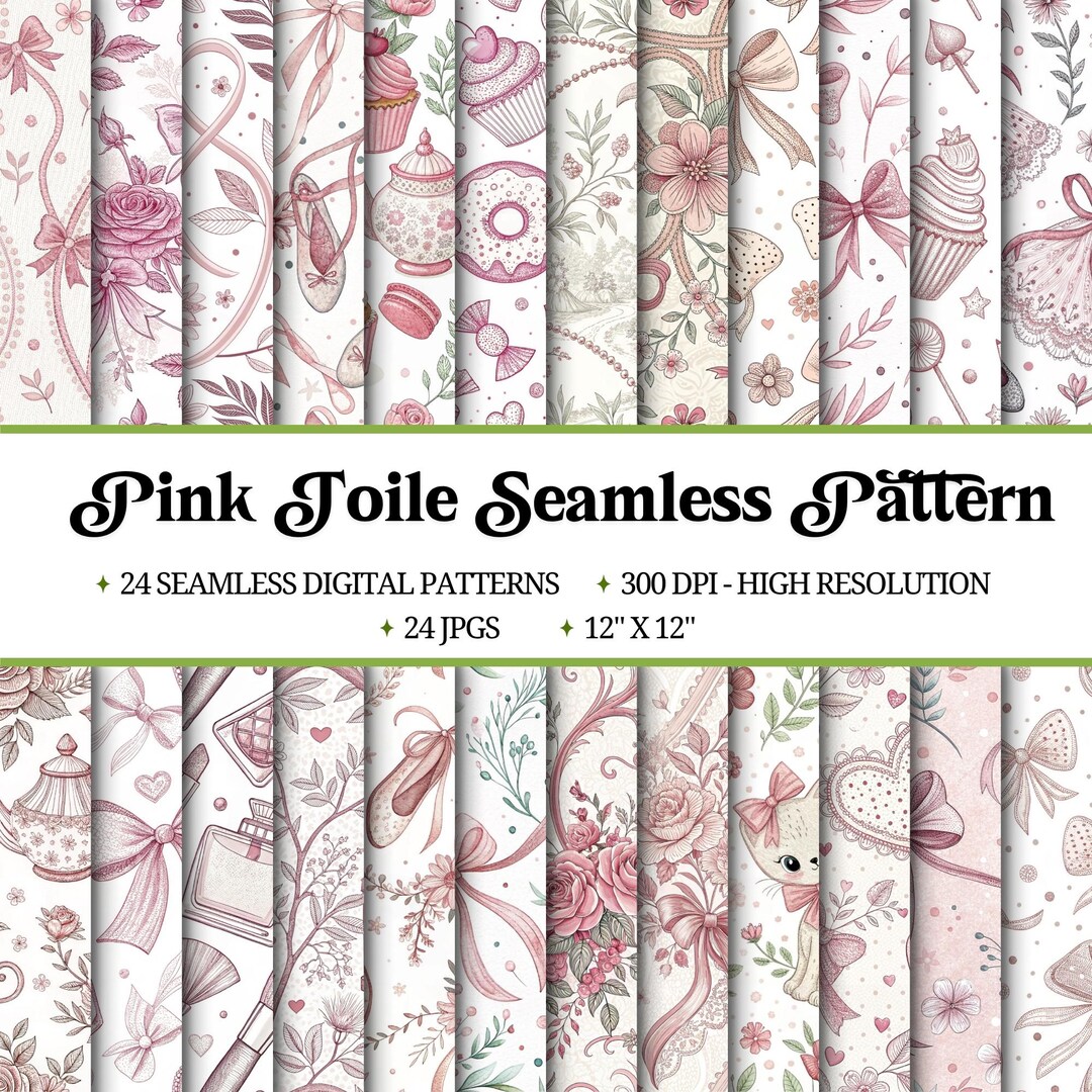 Pink Toile Seamless Pattern Bundle: Coquette Digital Paper (digital ...