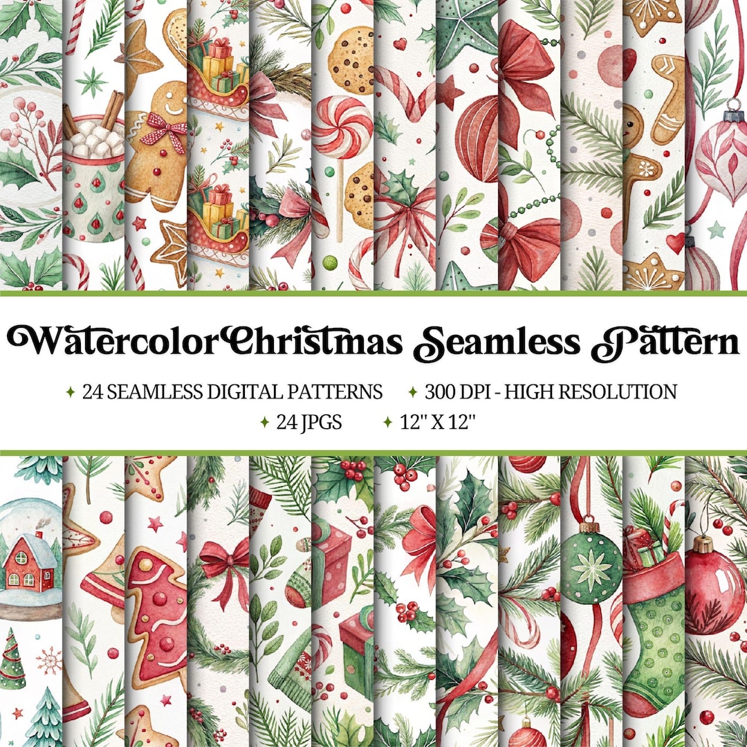 Watercolor Christmas Seamless Pattern Bundle: Holiday Digital Paper ...