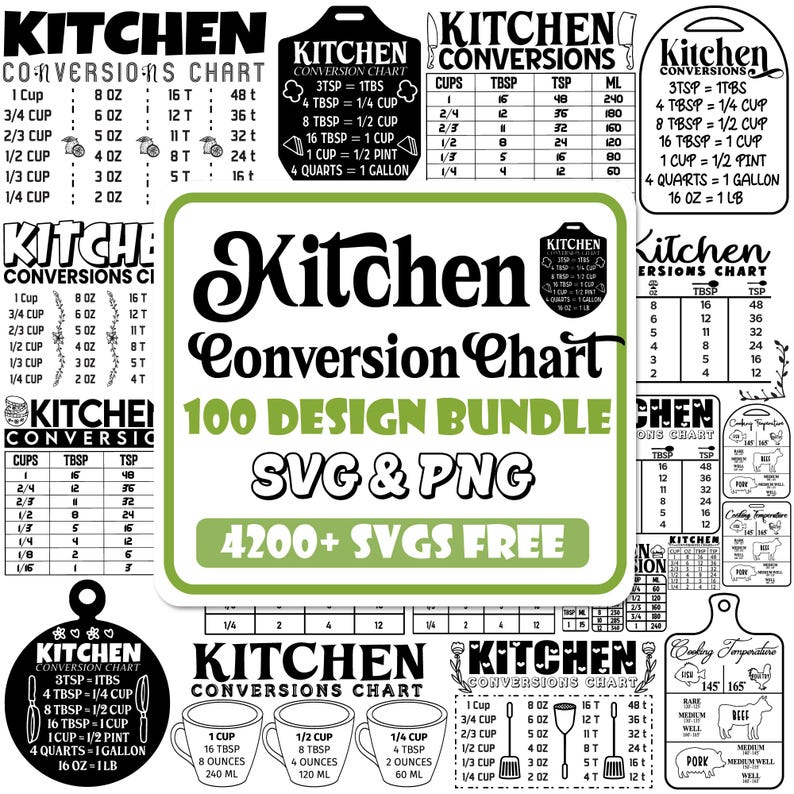 Kitchen Conversion Chart Svg Bundle | Kitchen Chart Svg | Kitchen ...