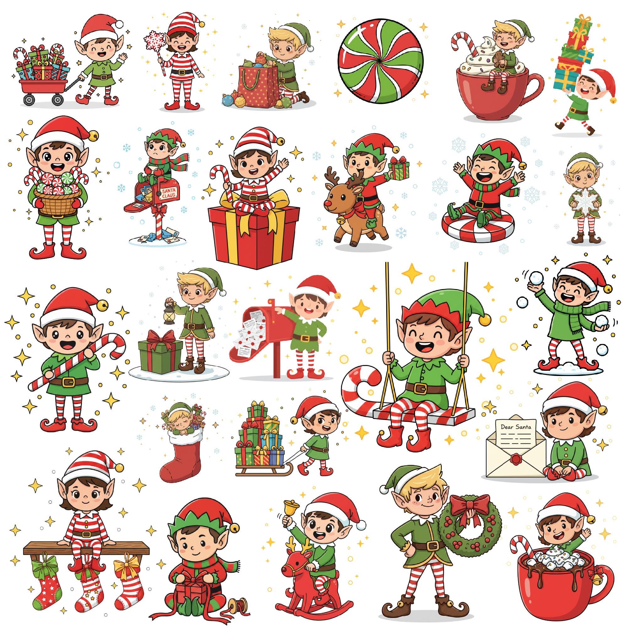 Doodle Christmas Elf Png Bundle |funny Winter Holiday (digital Download ...