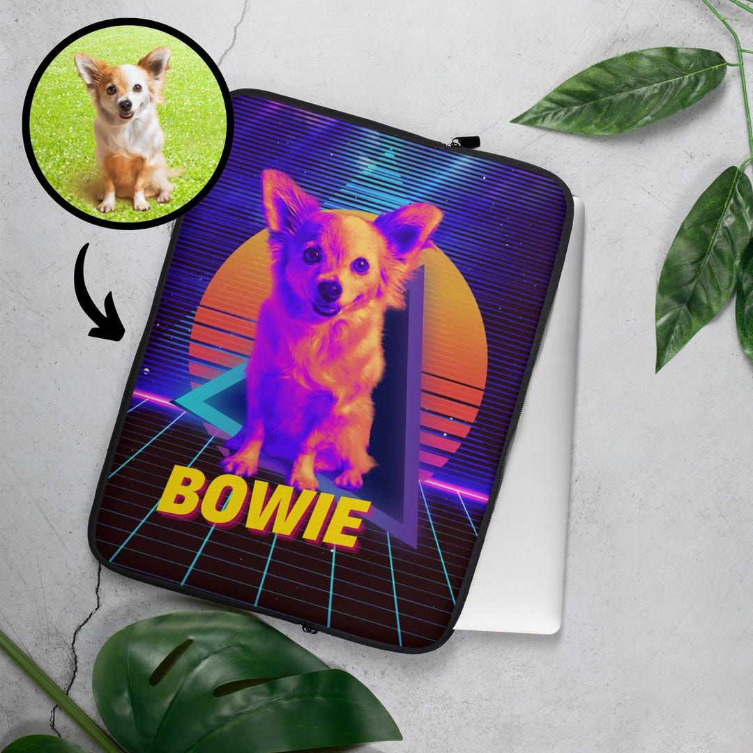 Personalised 80s Retro Style Pet Portrait Laptop Sleeve Custom Dog ...