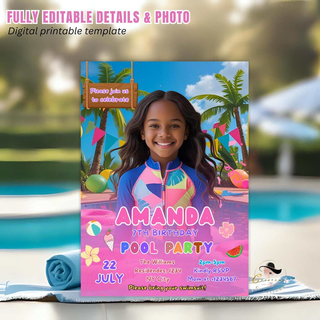 Pink Pool Party Birthday Invitation, Kids Luau Party With Photo Invite ...