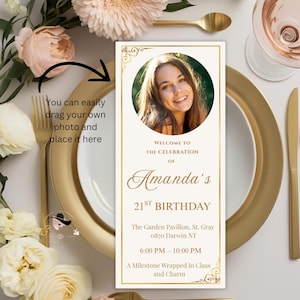 White Gold Program Card Template Birthday Dinner Party Program, Elegant ...