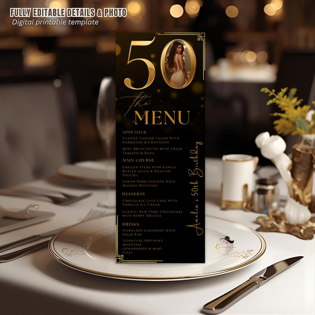 Editable 50th Birthday Dinner Menu Card, Black Golden Anniversary Menu ...