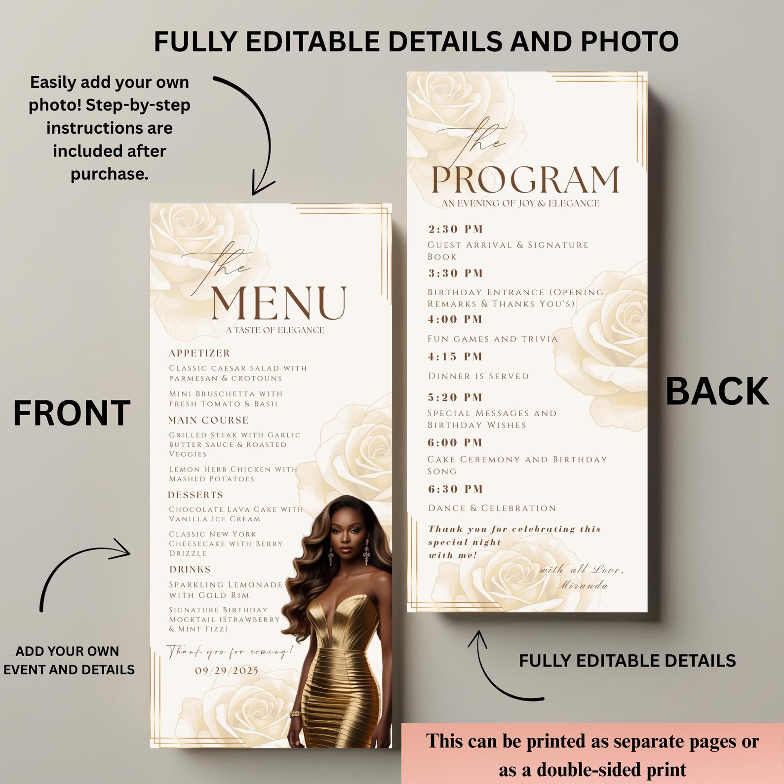 Editable Menu and Program Template White Gold Birthday Dinner Menu ...