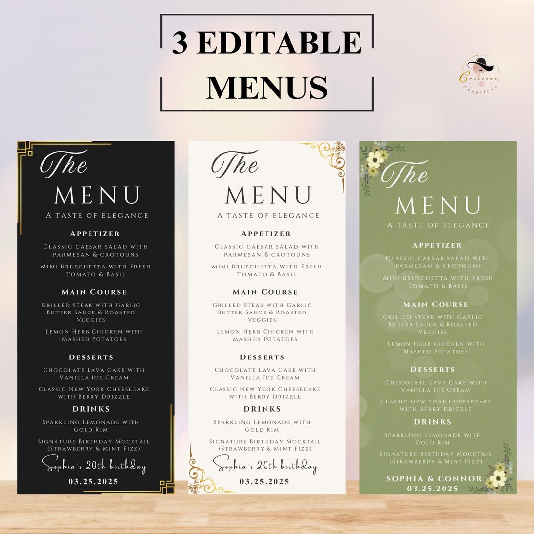 Editable Menu Cards Template, Birthday Dinner Party Menu, Sage Green ...