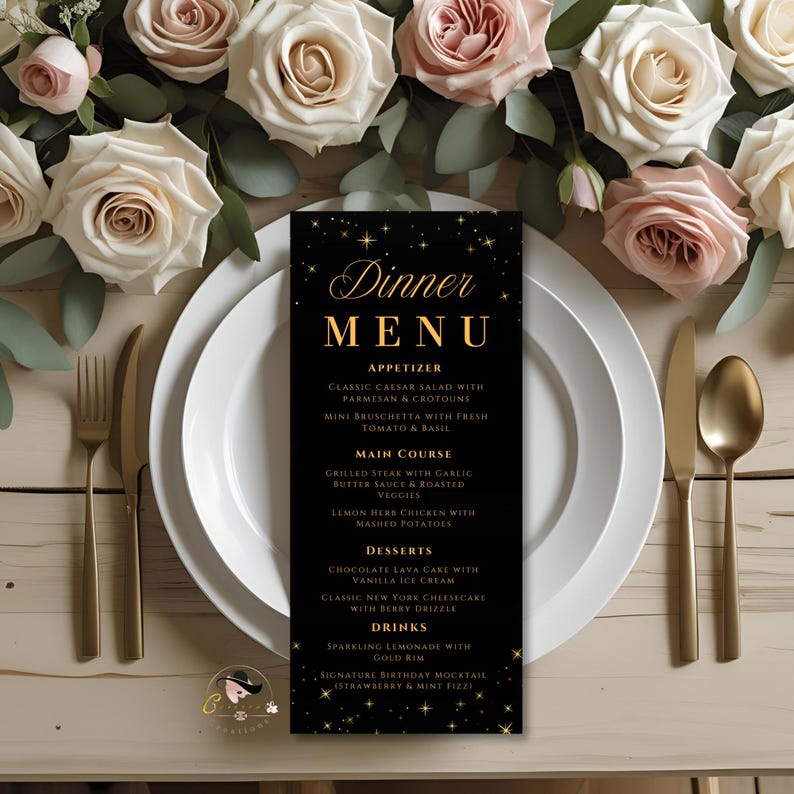 Editable Dinner Party Menu Template Black Gold Menu Cards Printable ...