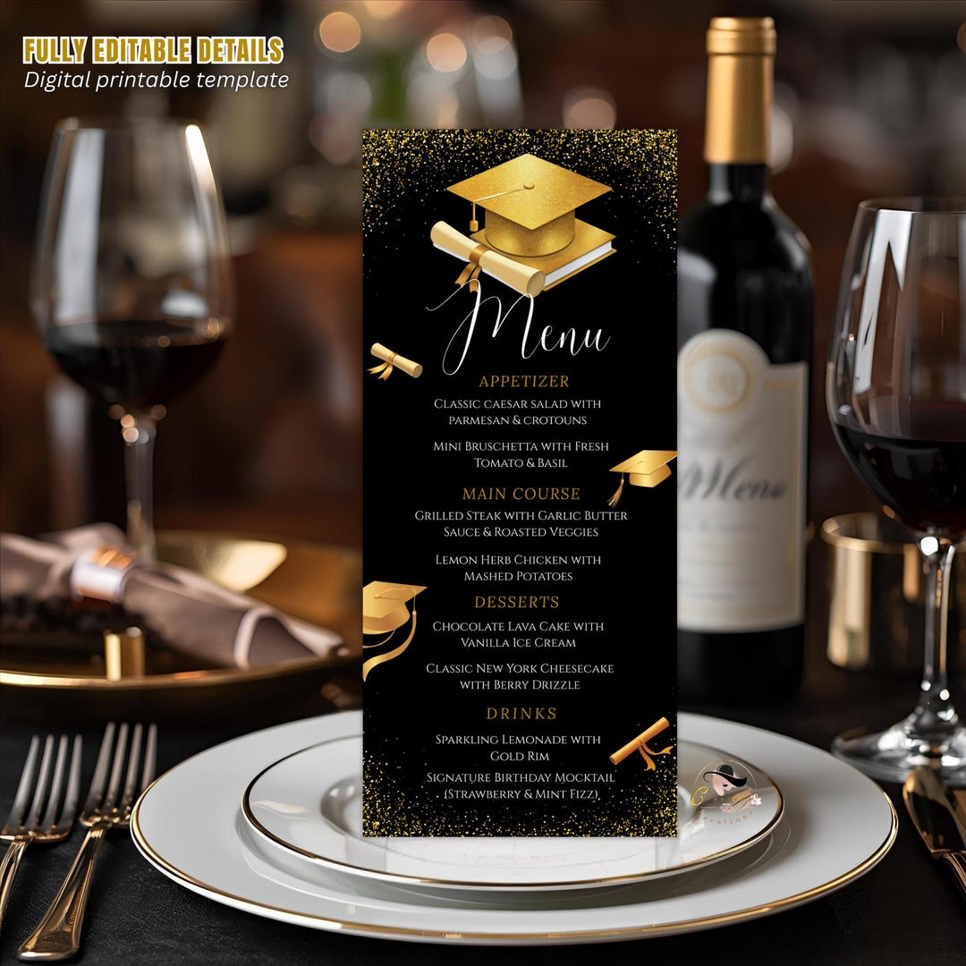 Black Gold Graduation Dinner Menu, Senior Grad Party Menu, Commencement ...