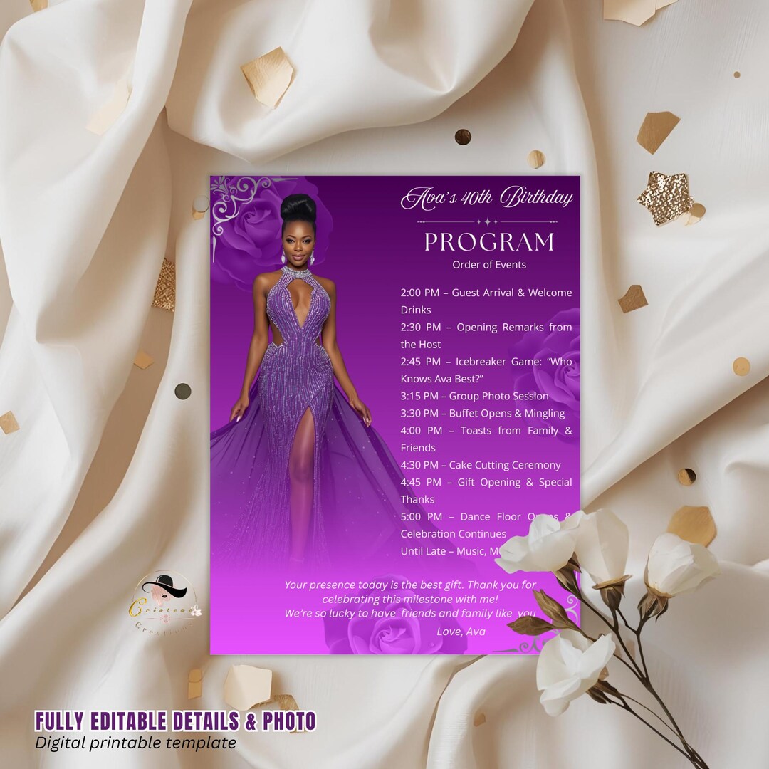 Purple Program Card Template With Photo, Birthday Party Program ...
