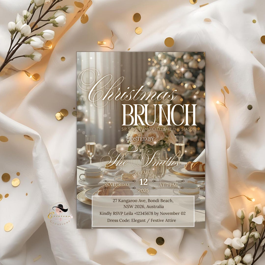 Editable Christmas Brunch Invitation White Gold Xmas Party Invitation ...