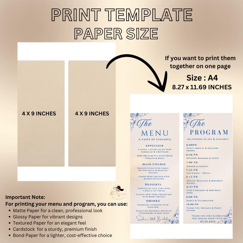 Editable Menu and Program Template, Birthday Dinner Menu Cards ...