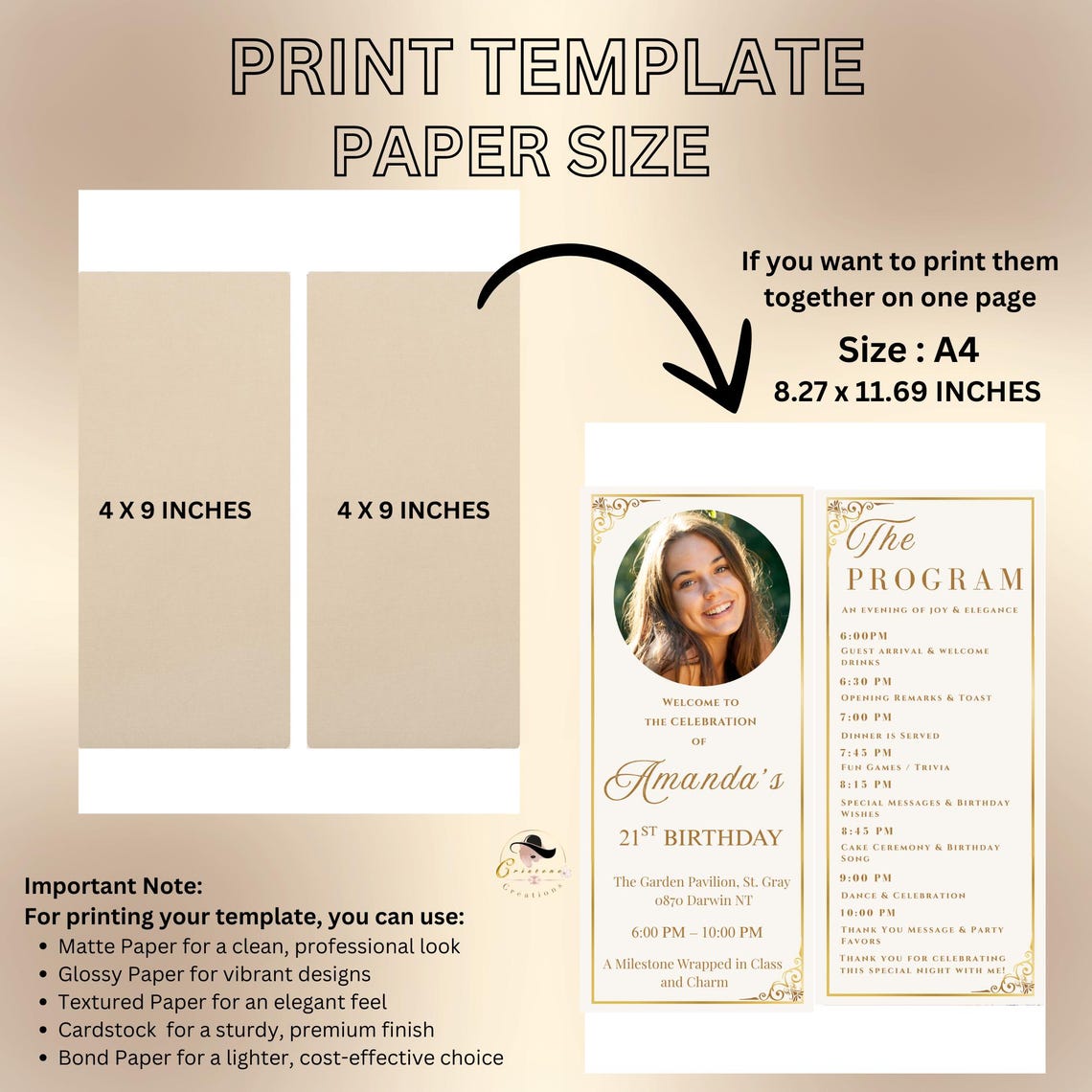 White Gold Program Card Template Birthday Dinner Party Program, Elegant ...
