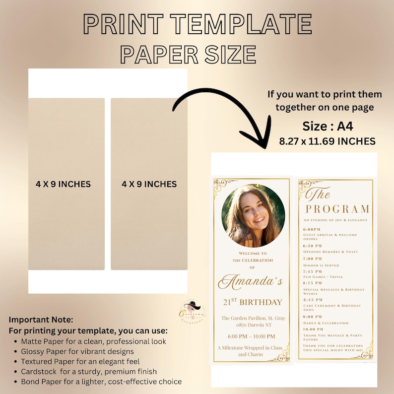 White Gold Program Card Template Birthday Dinner Party Program, Elegant ...