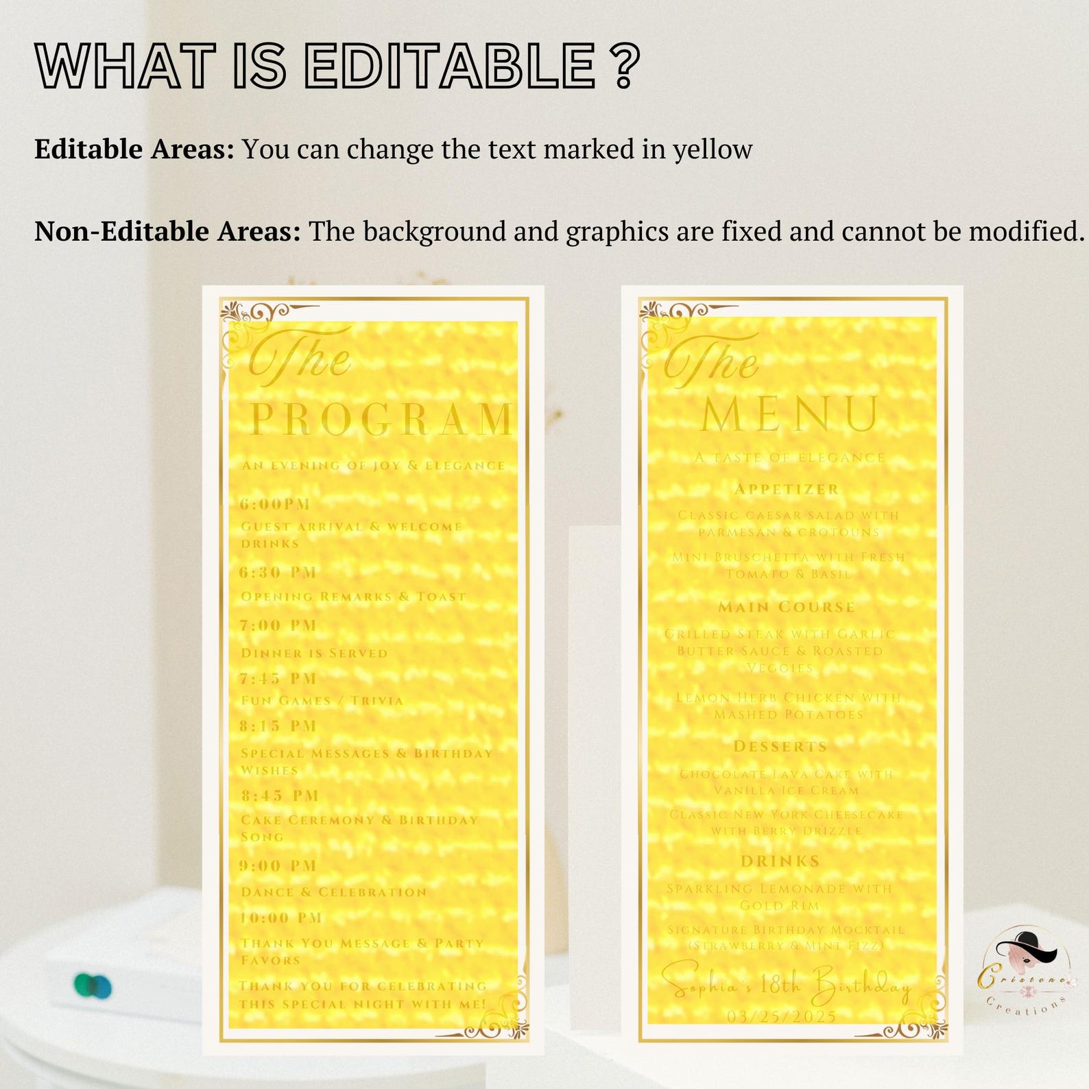 White Gold Menu and Program Template, Birthday Party Menu Cards Digital ...