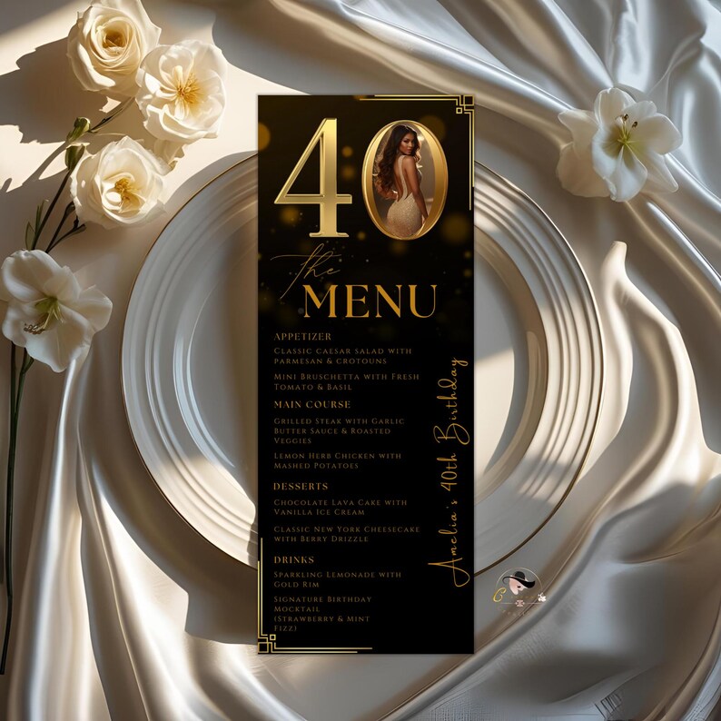 Editable 40th Birthday Party Menu Card, Black Gold Dinner Menu With ...
