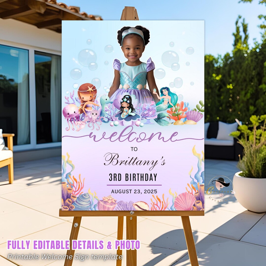 Mermaid Birthday Welcome Sign, Under the Sea Party Poster (printable ...