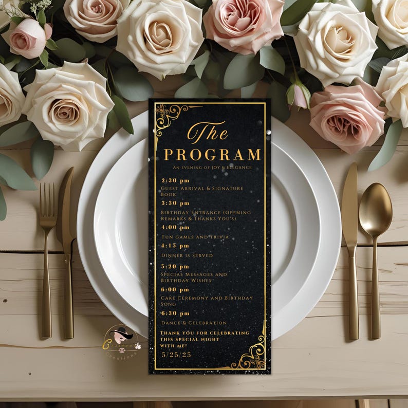 Editable Menu and Program Template Black Gold Birthday Party Menu ...