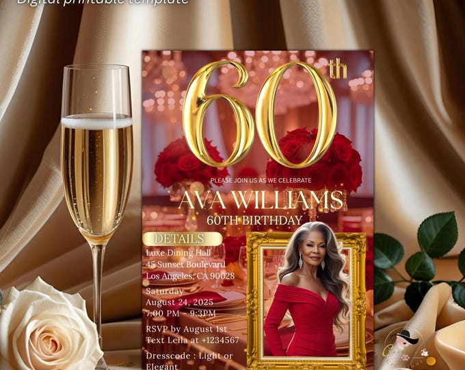 Editable 60th Birthday Invitation for Women Maroon Gold Canva Digital ...