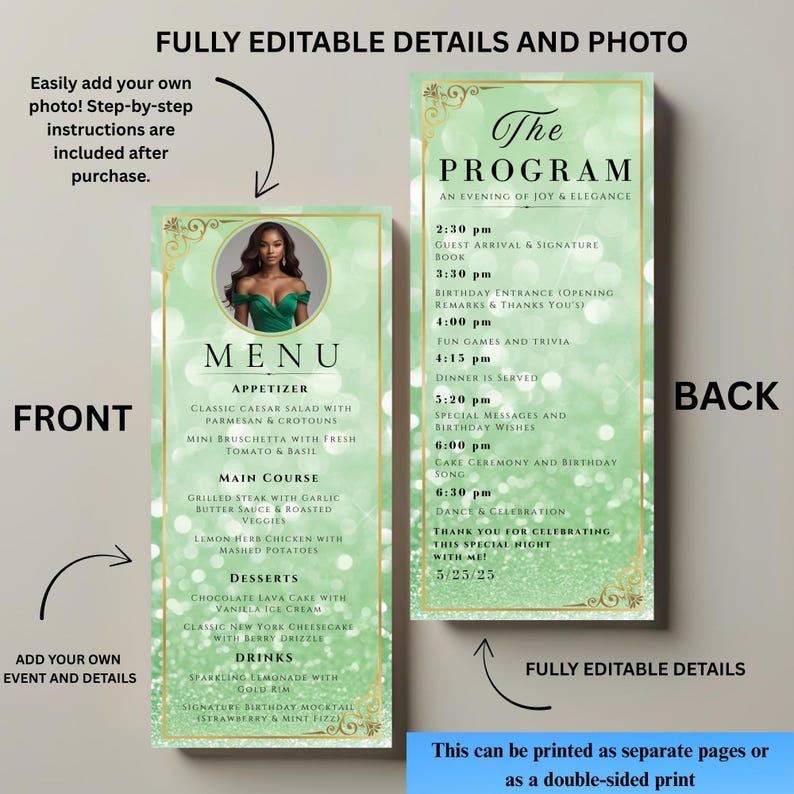 Menu and Program Template Green Gold Birthday Party Menu Program Cards Printable, Elegant Dinner ...