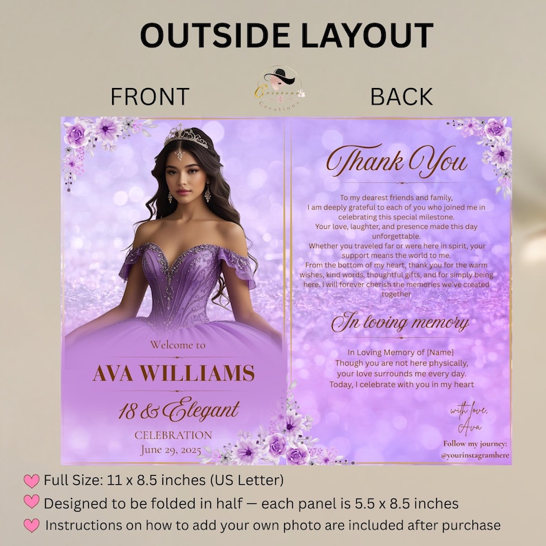 Purple Program Template Birthday Party Program Card Bifold Quinceanera ...