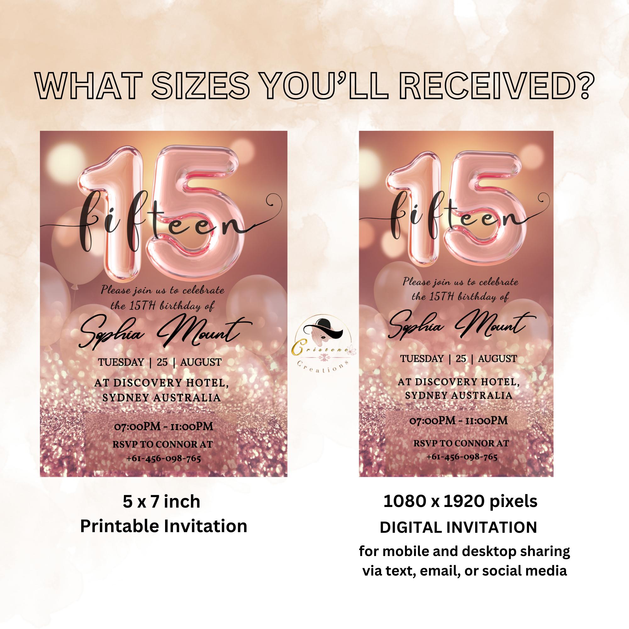 Rose Gold 15th Birthday Invitation, Quinceanera Party Invite, Sweet ...