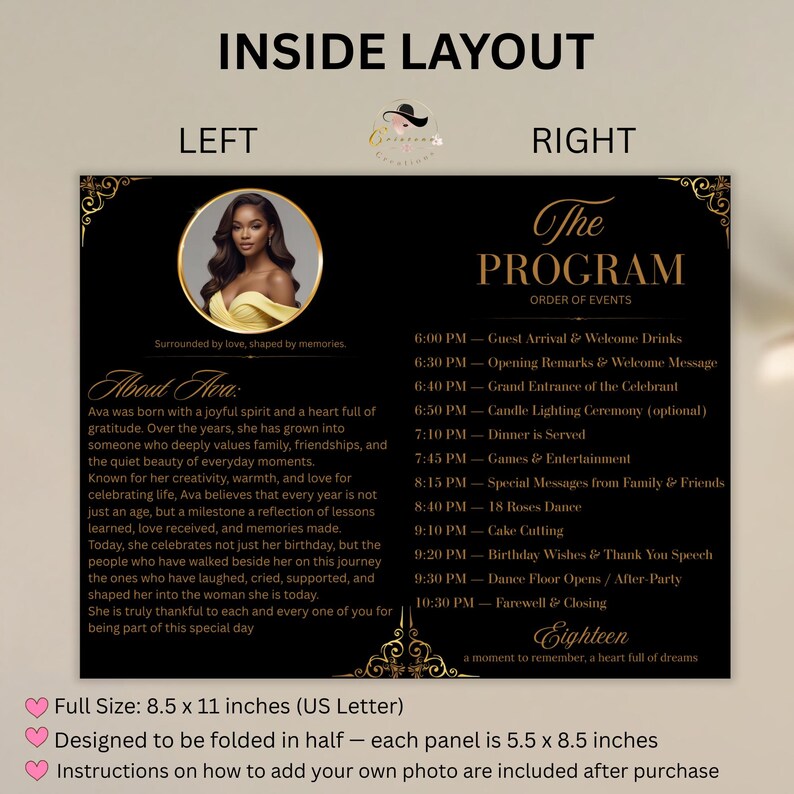 Birthday Program Template Black Gold Bifold Program Card Printable With ...