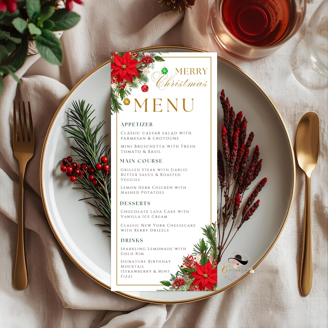 Editable Christmas Dinner Menu Template Holiday Party Menu Card ...