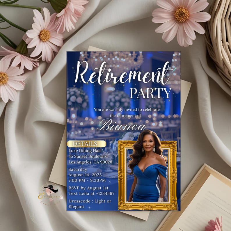 Digital Retirement Party Invitation With Photo Blue Gold Surprise ...