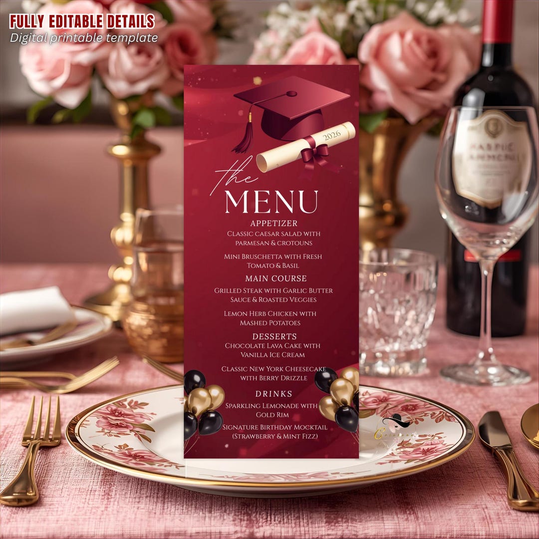 Maroon Graduation Dinner Menu, Senior Grad Party Menu, Commencement ...