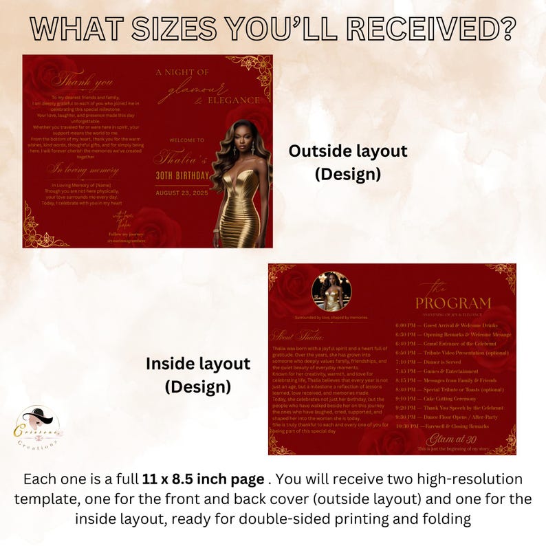 Editable Program Template Red Gold Bifold Birthday Program Card With ...