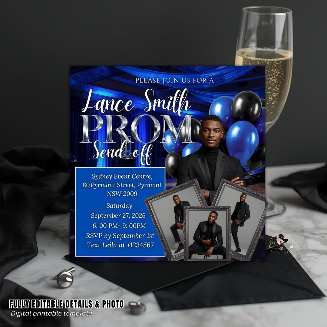 Blue Prom Send off Invitation With Photo, Men Prom Night Invite ...