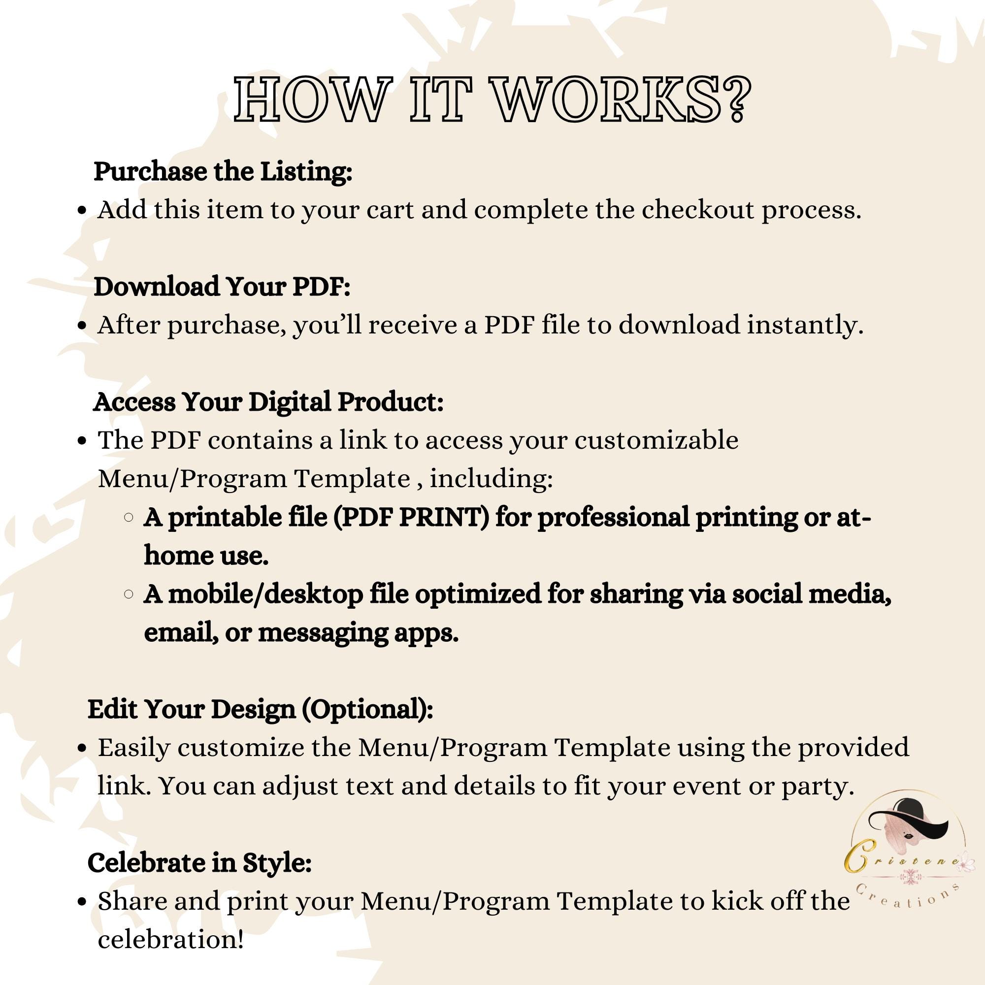 White Gold Menu and Program Template, Birthday Party Menu Cards Digital ...