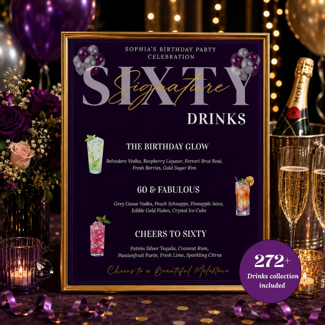 Purple Signature Drinks Sign Template, Birthday Cocktail Menu ...