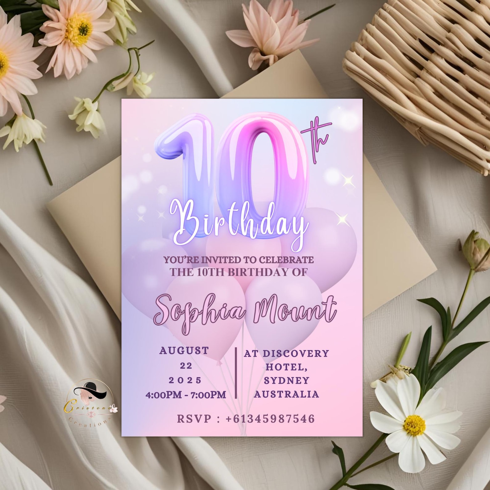 Digital 10th Birthday Invitation Pink Purple 10th Birthday Dinner ...
