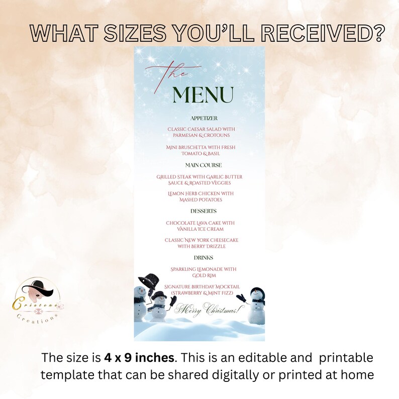 Editable Christmas Dinner Menu Template Holiday Winter Party Menu Card ...