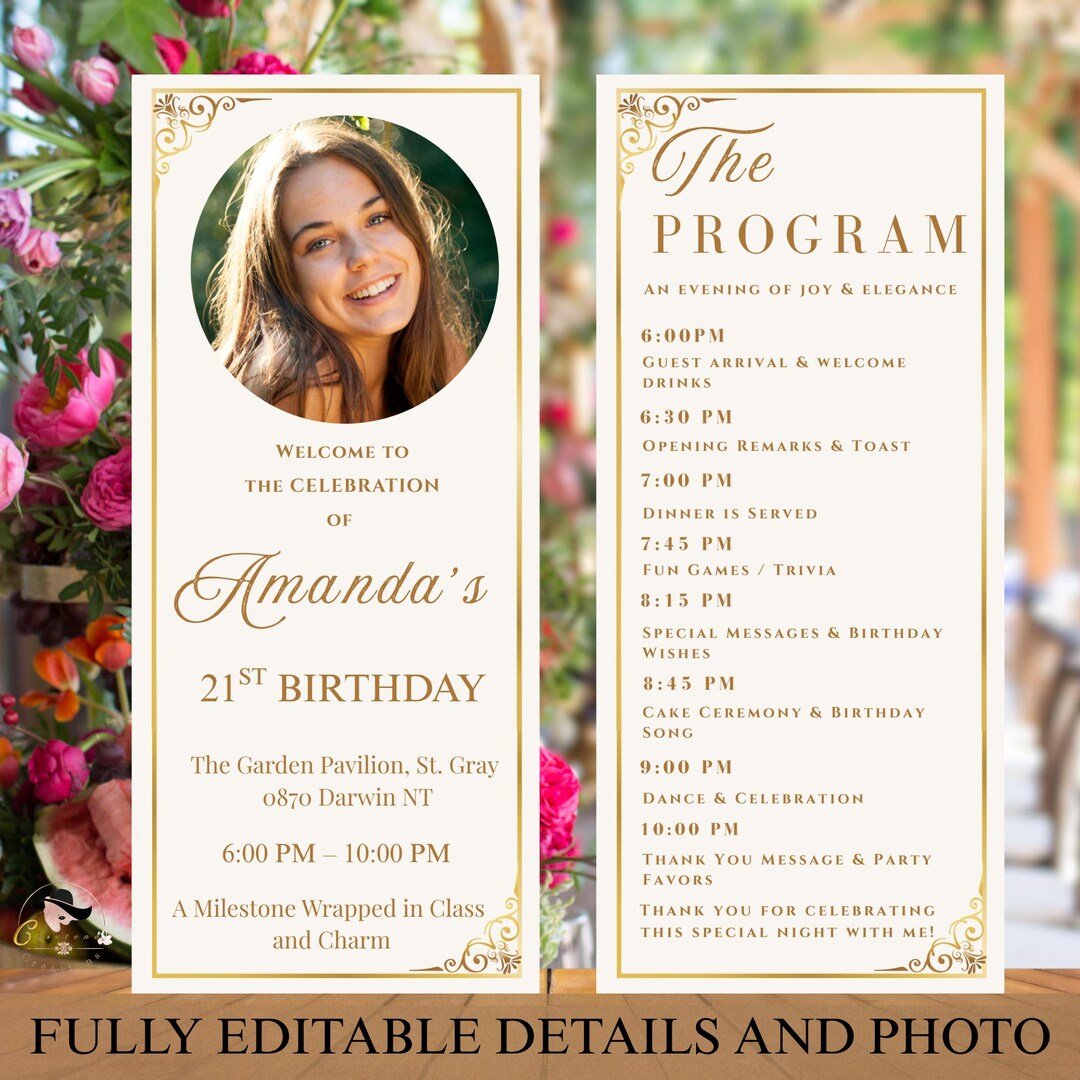 White Gold Program Card Template Birthday Dinner Party Program, Elegant ...