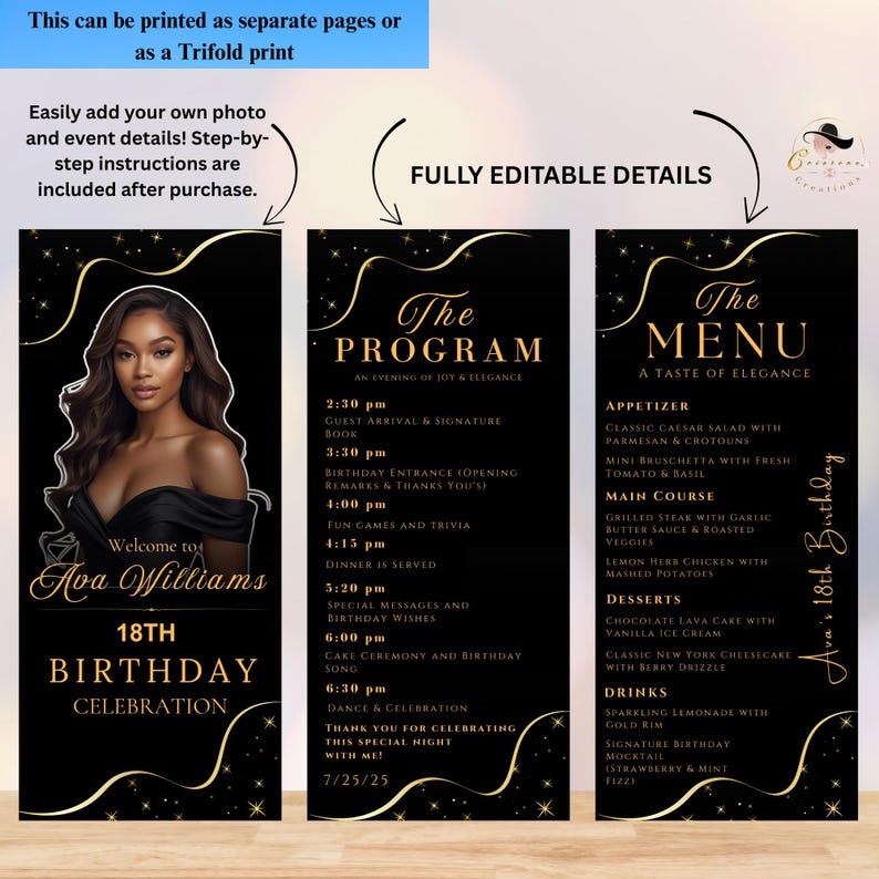 Editable Menu and Program Template Black Gold Birthday Menu With ...