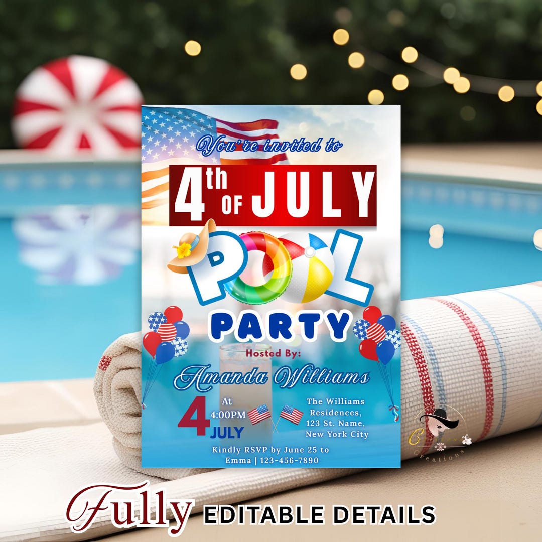 4th of July Pool Party Invitation, Patriotic USA Independence Day ...