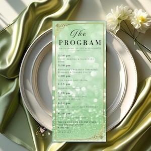 Menu and Program Template Green Gold Birthday Party Menu Program Cards ...