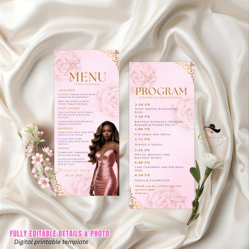 Editable Menu and Program Template Pink Birthday Party Program Card ...