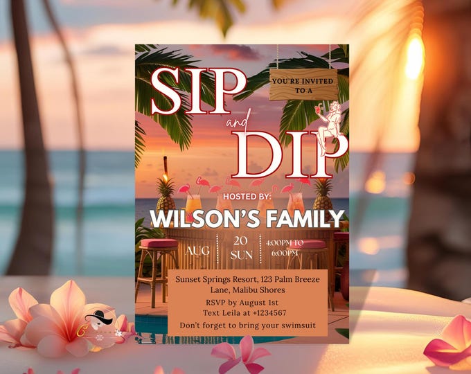 Sip and Dip Pool Party Invitation, Tequila Sunset Birthday Invite ...