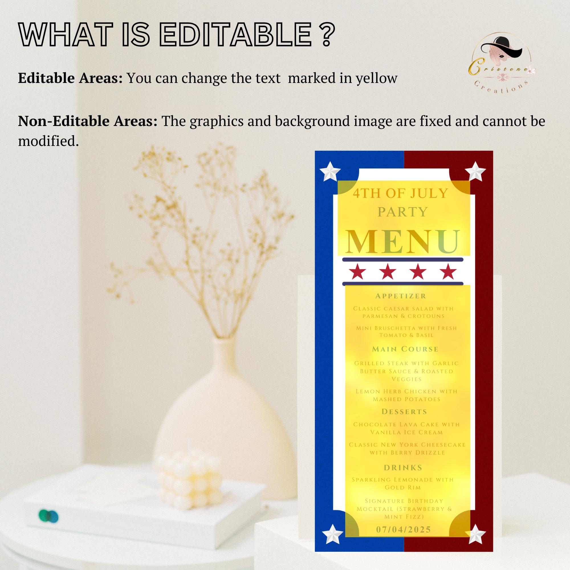 4th of July Menu Template, Independence Day BBQ Cookout Menu Card ...