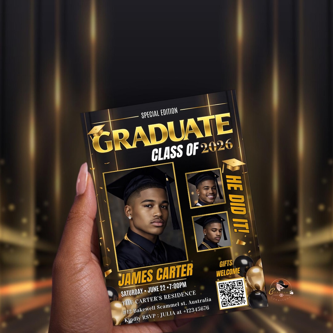 Boy Graduation Announcement 2026 Invitation, Black Gold Senior Grad ...