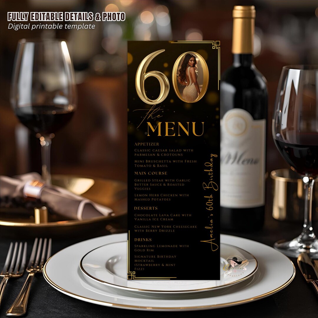 Editable 60th Birthday Party Menu Card, Black Gold Anniversary Menu ...