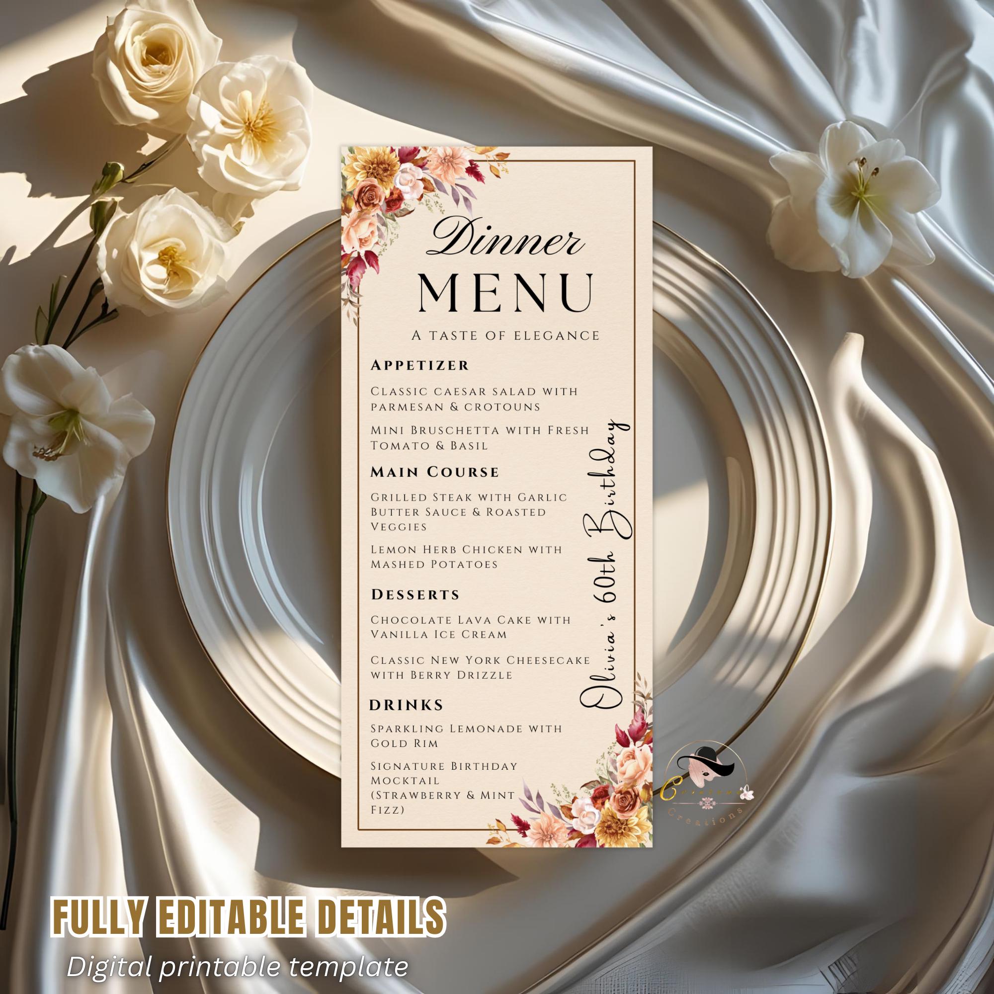 Editable Dinner Menu Template Birthday Party Menu Cards Printable ...