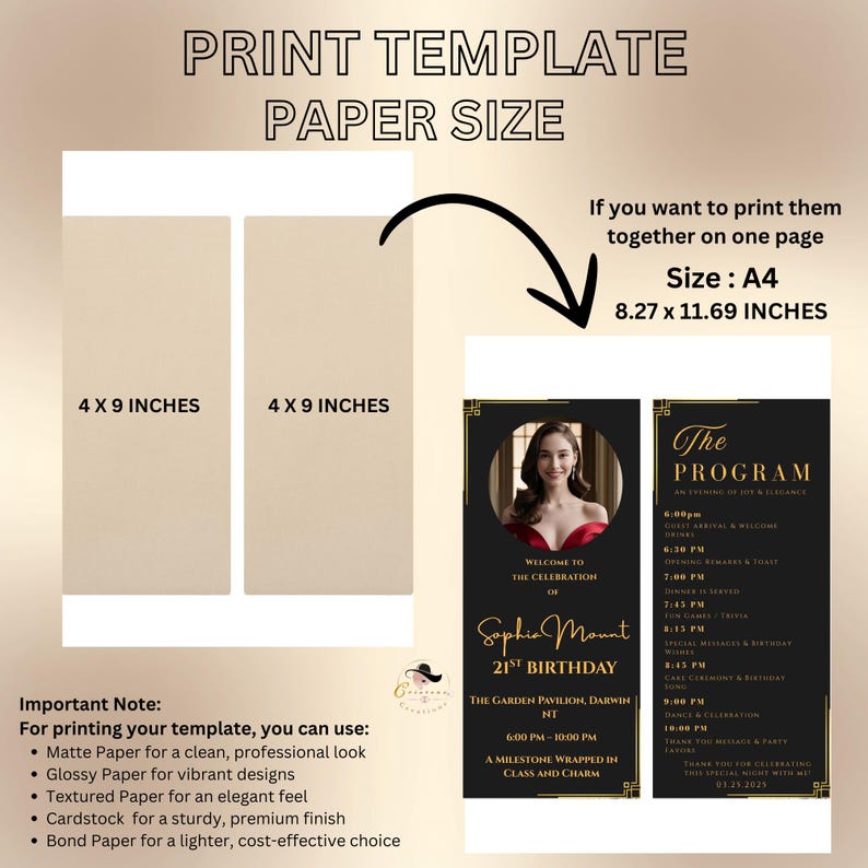 Birthday Party Program Template, Black Gold Event Program Schedule ...