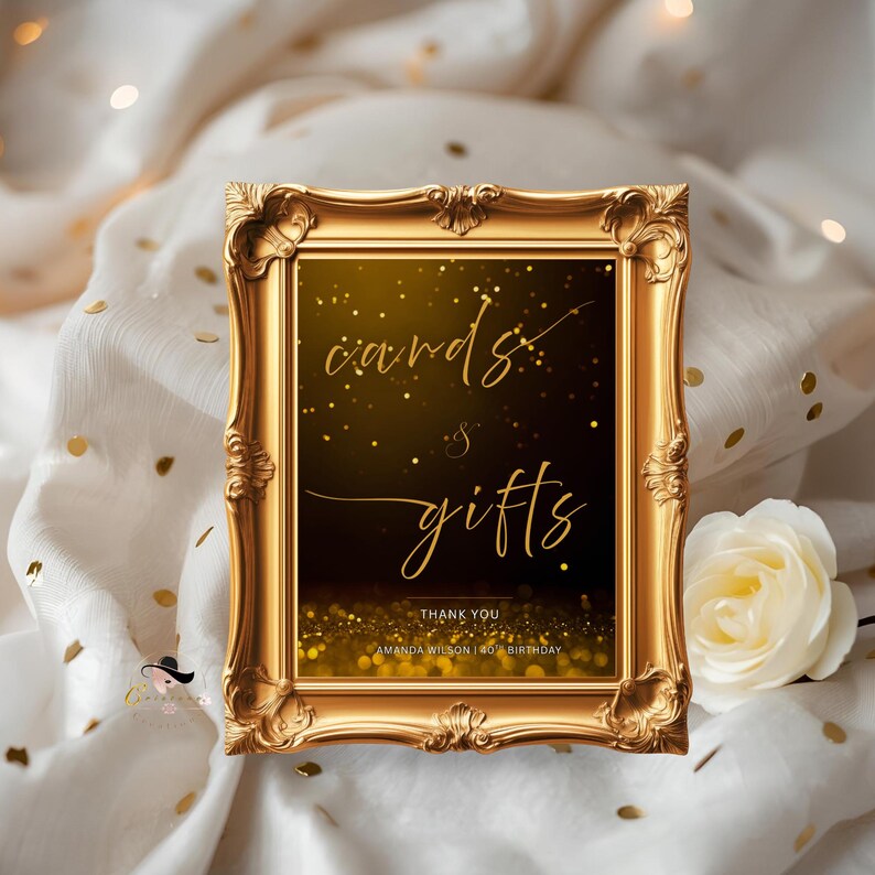 Editable Cards and Gift Sign Template Black Gold Birthday Gift Table ...