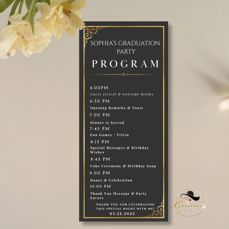 Graduation Menu and Program Template, Black Gold Menu Cards, Birthday ...